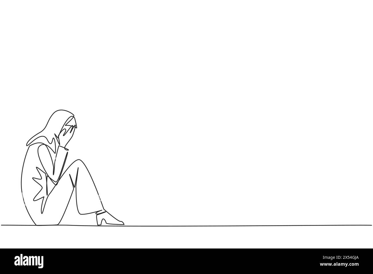 Single continuous line drawing Arabian businesswoman sitting while ...