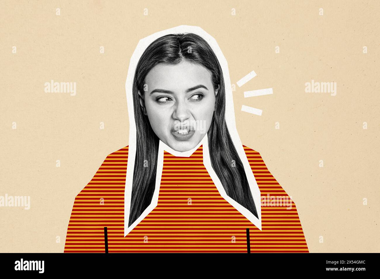Composite photo collage of weird young girl head unpleasant expression ...