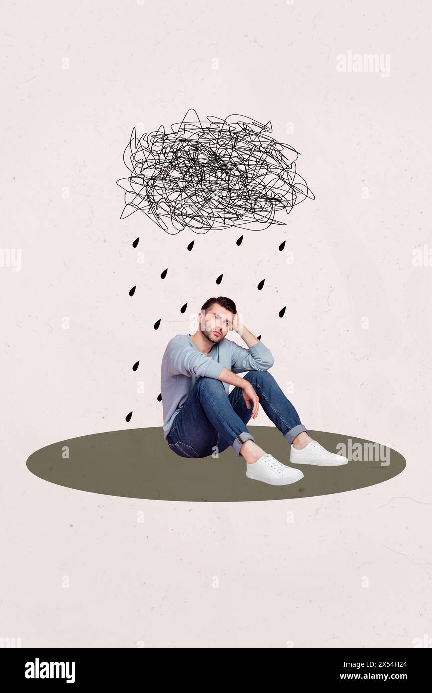 Composite sketch image trend artwork photo collage of young guy sad sit ...