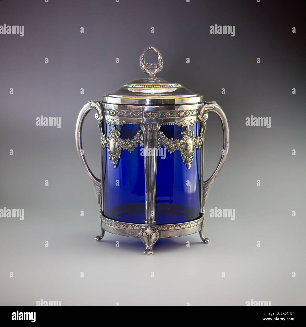 Antique cookie tin with cobalt blue glass insert from the Art Nouveau ...