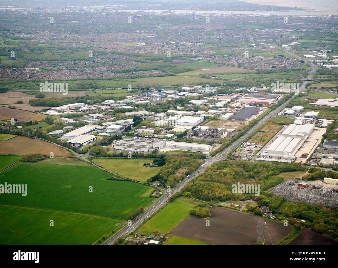 An aerial view of Kirkby industrial estate, Liverpool, north west ...