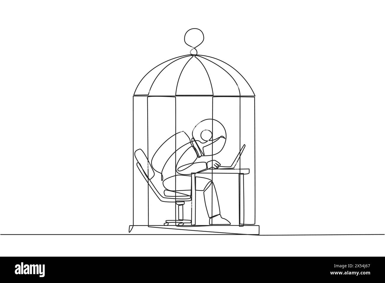 Single continuous line drawing astronaut trapped in the cage working on ...