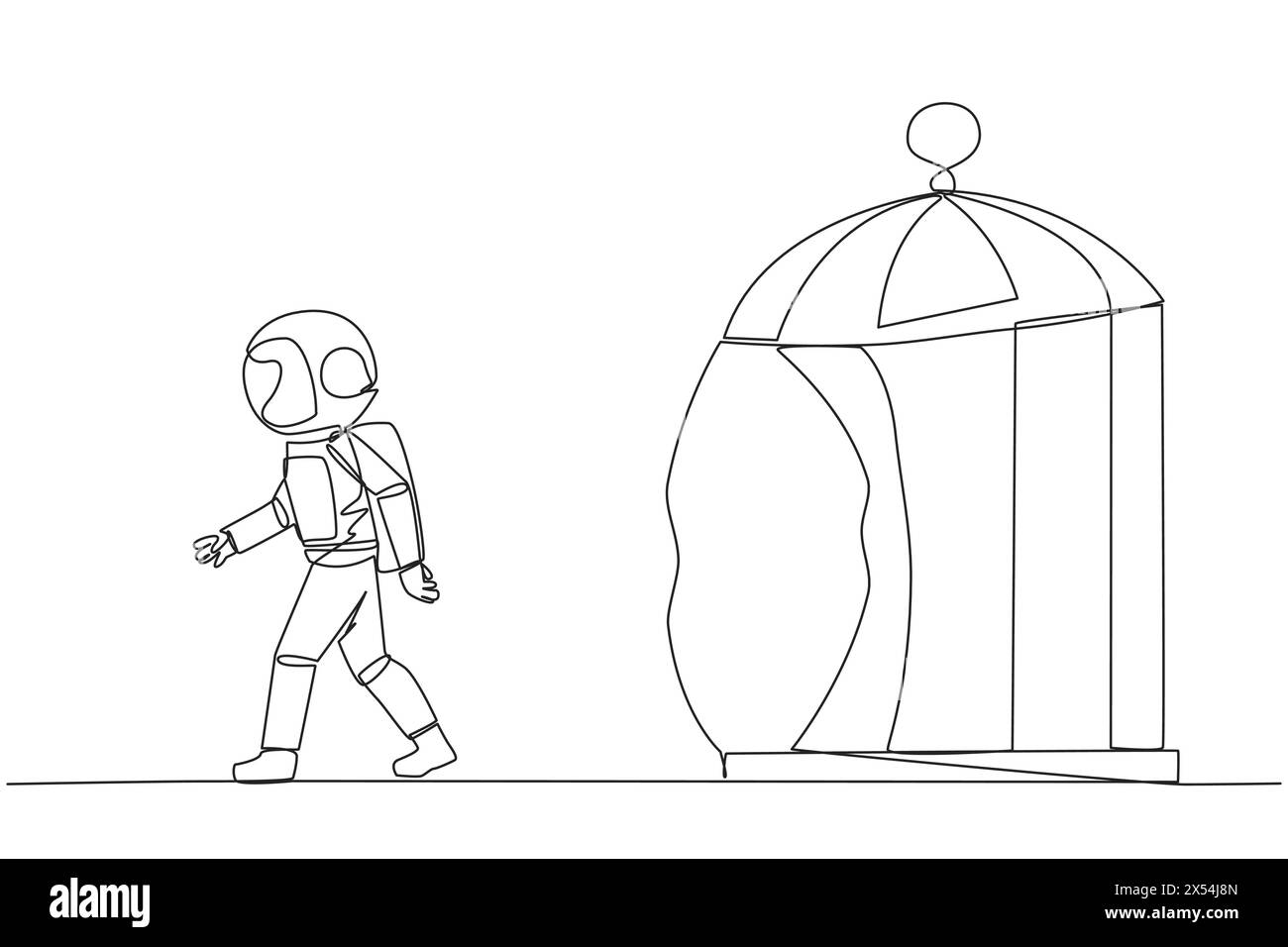 Continuous one line drawing astronaut trapped in cage and walking ...