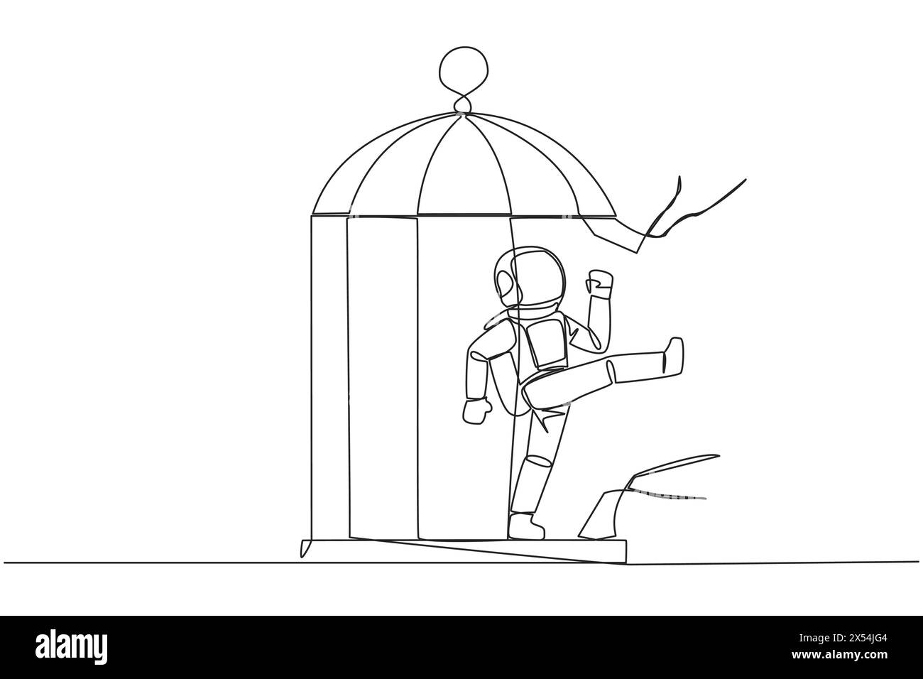 Single one line drawing astronaut trapped in the cage kick the caged ...