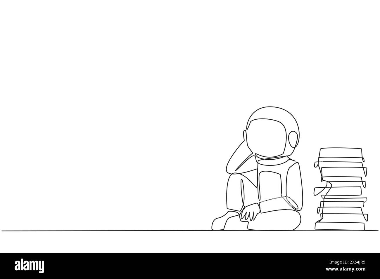 Continuous one line drawing astronaut sitting near piles of work files ...