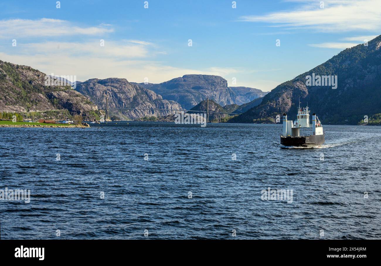 Ferry crossing Högsfjord (Rogaland, western Norway) with the entrence ...