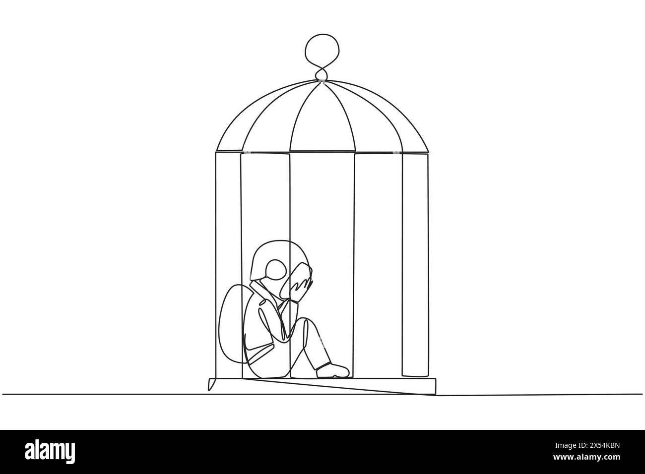 Single continuous line drawing young astronaut trapped in the cage ...
