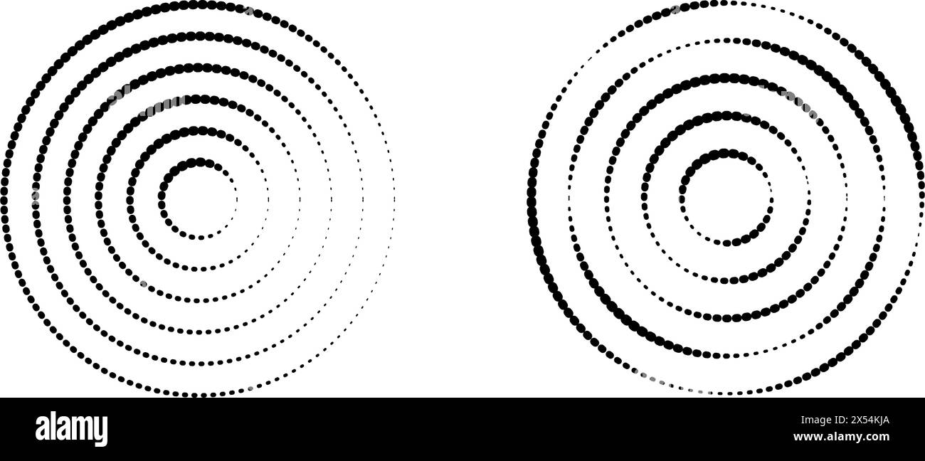 Set of circular ripple icons. Concentric circles with broken dotted ...
