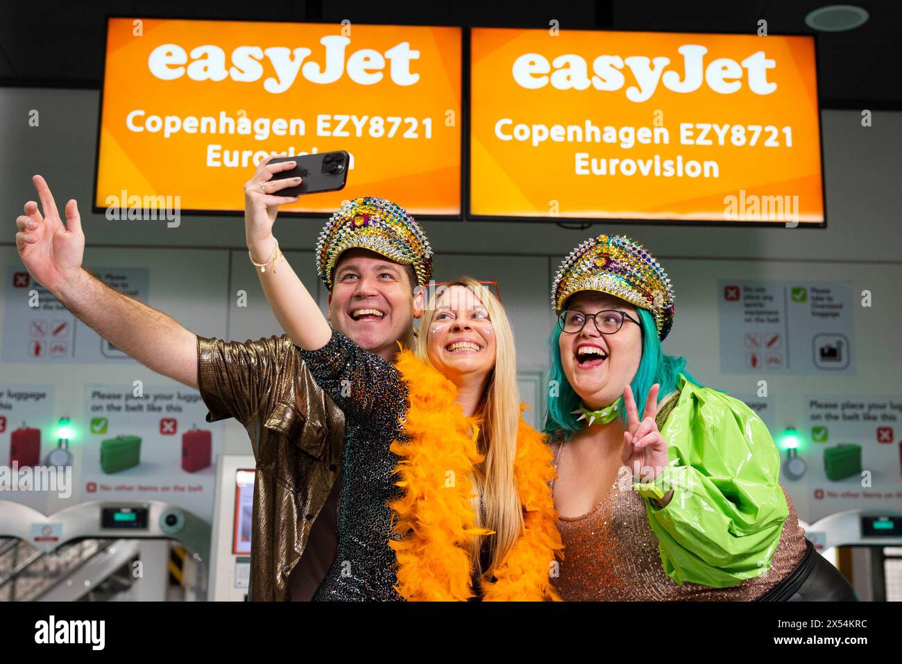EDITORIAL USE ONLY (Left to right) Eurovision fans Tom Ketteley, Lorna ...