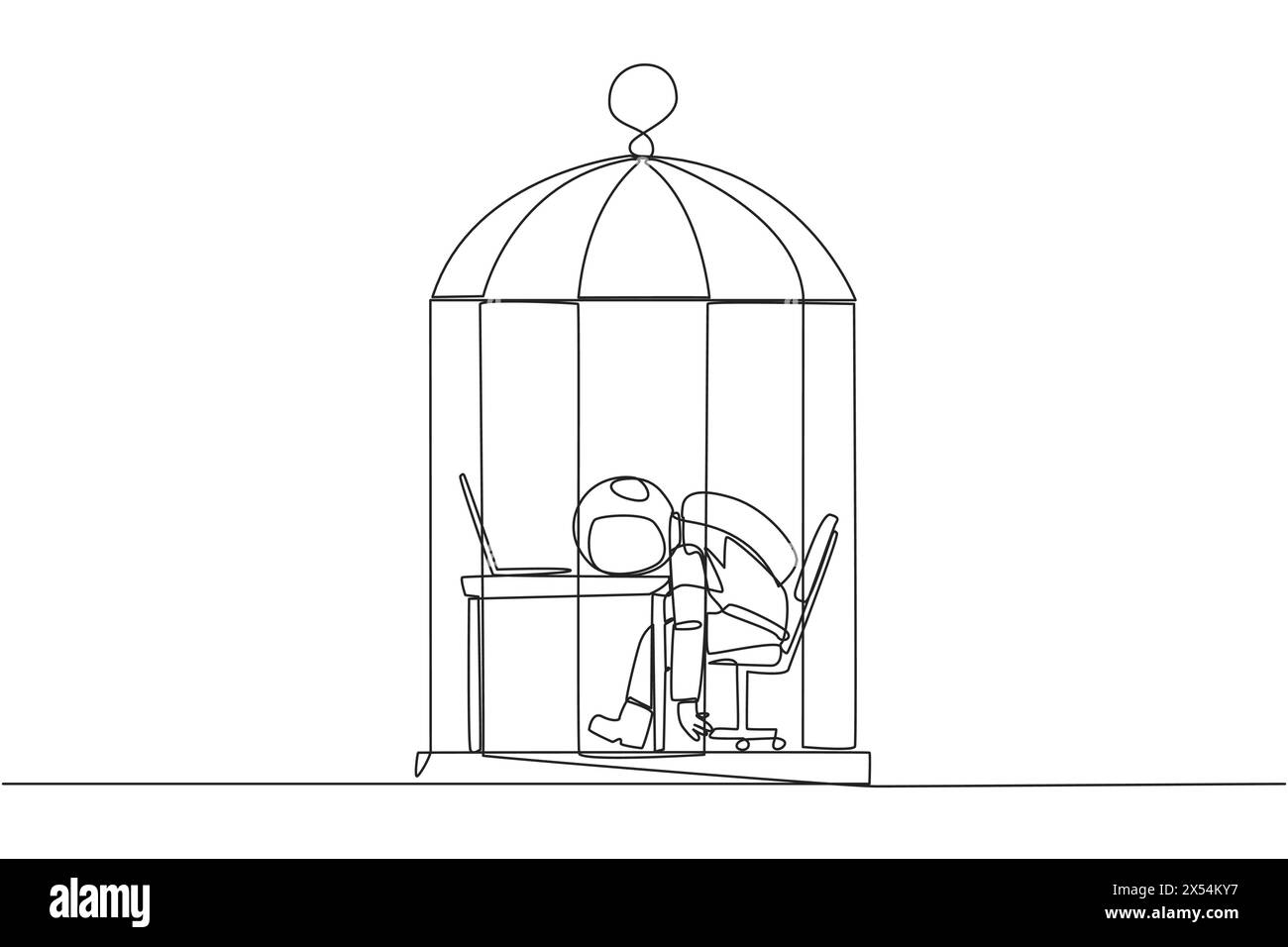 Continuous one line drawing astronaut trapped in the cage asleep on ...