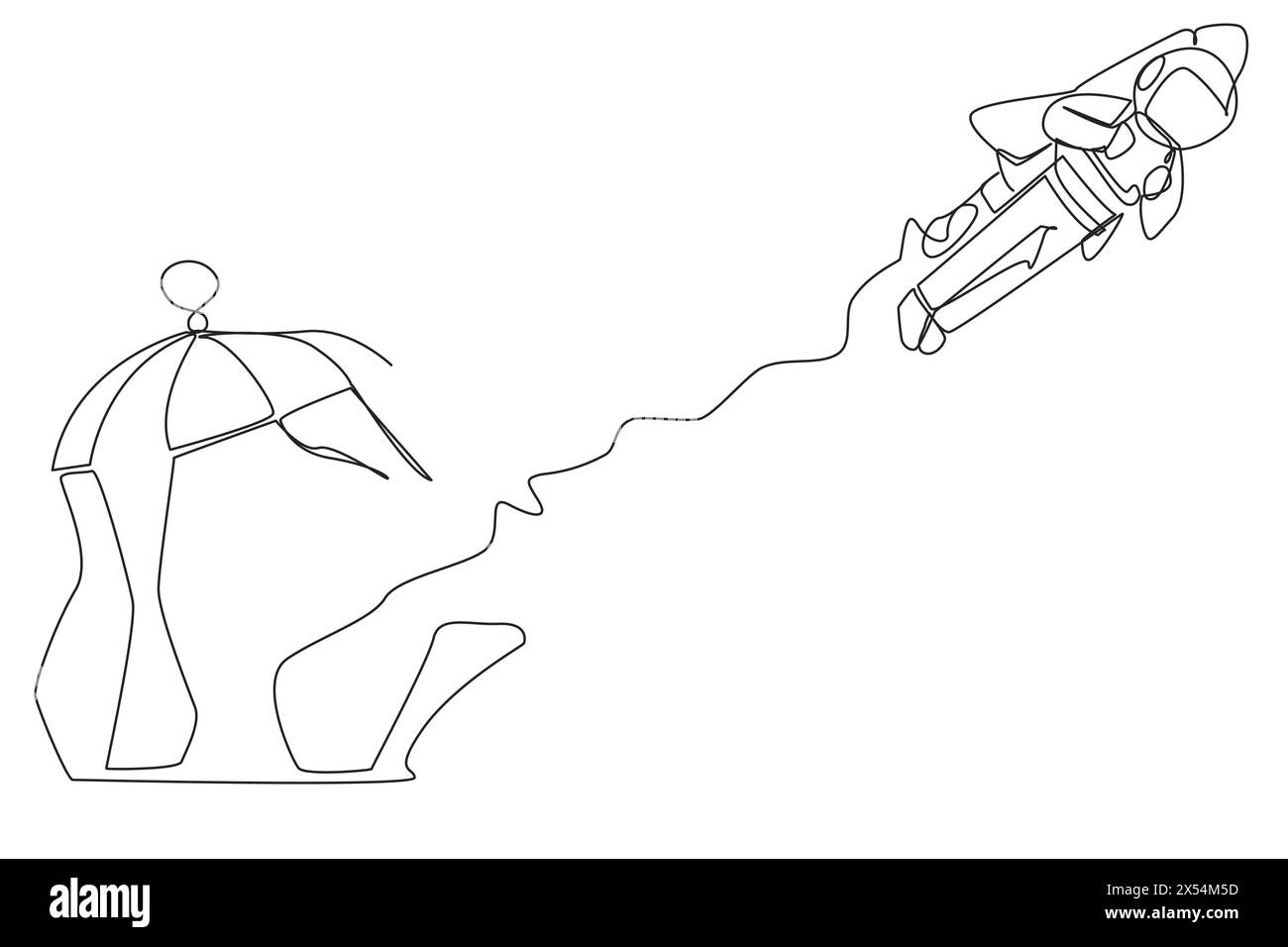 Continuous one line drawing astronaut flying with rocket and breaks the ...