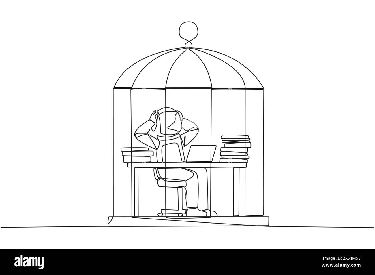Continuous one line drawing astronaut trapped in cage sitting on office ...