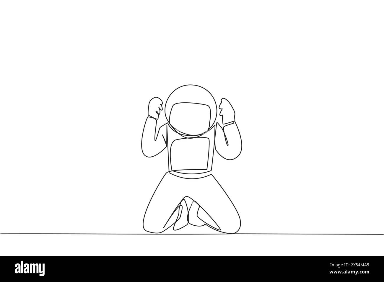 Single one line drawing young astronaut kneeling like praying. Lost ...