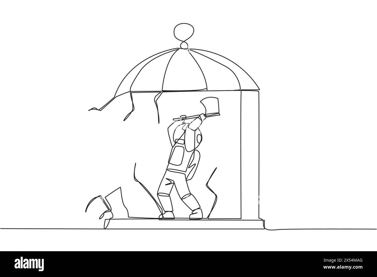 Single one line drawing young astronaut trapped in the cage holding an ...