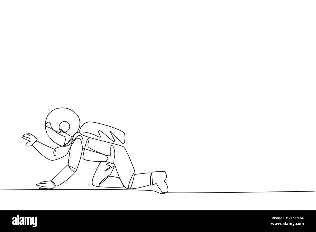 Single continuous line drawing young tired astronaut. Trying to get up ...