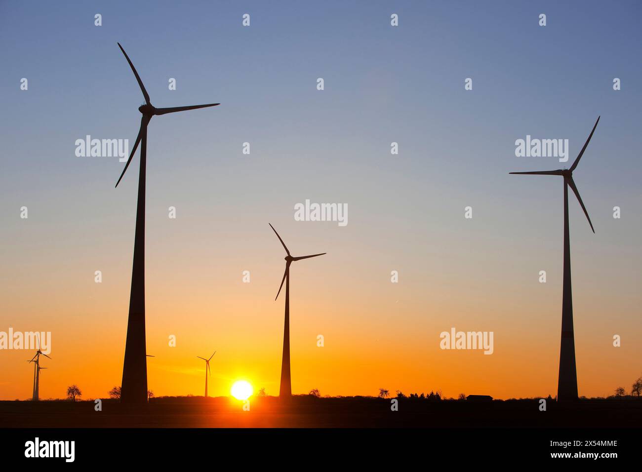 Wind turbines on the Paderborn plateau at sunrise, Windpark Wevelsburg ...