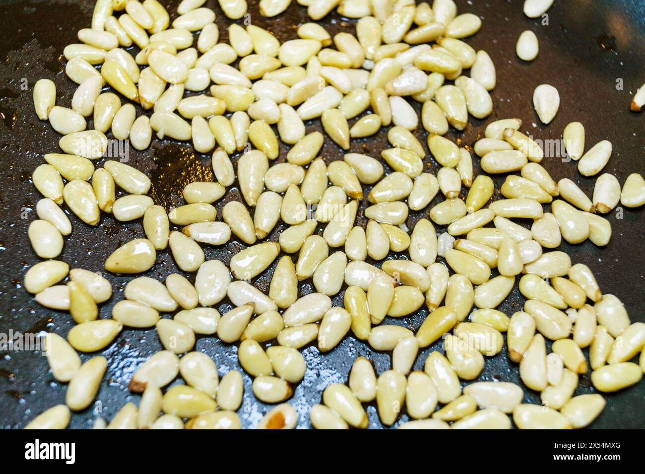 Stone pine, Italian Stone pine, Umbrella Pine (Pinus pinea), Pine nuts are roasted in the pan ...