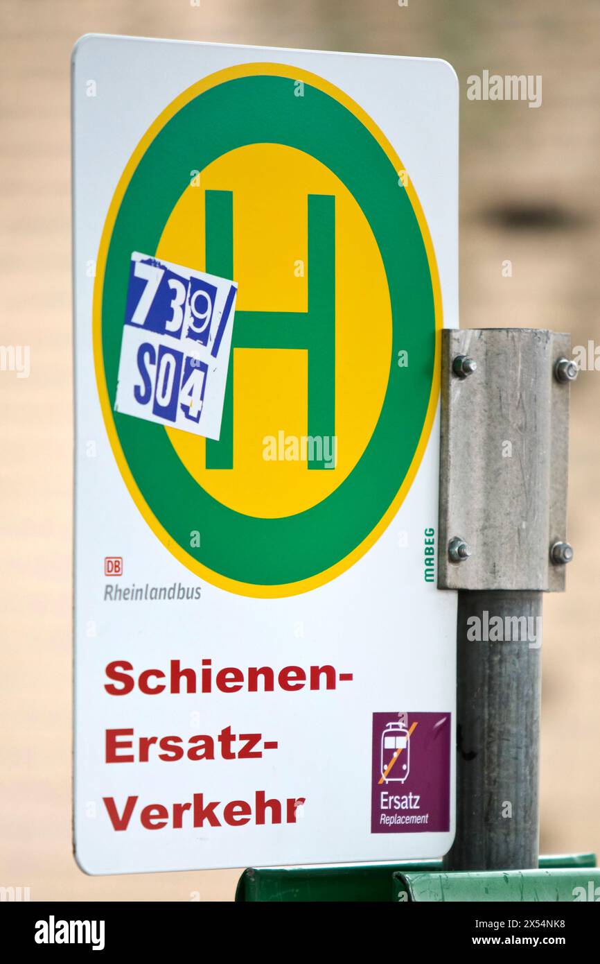 Bus stop sign for rail replacement traffic at the bus station next to ...