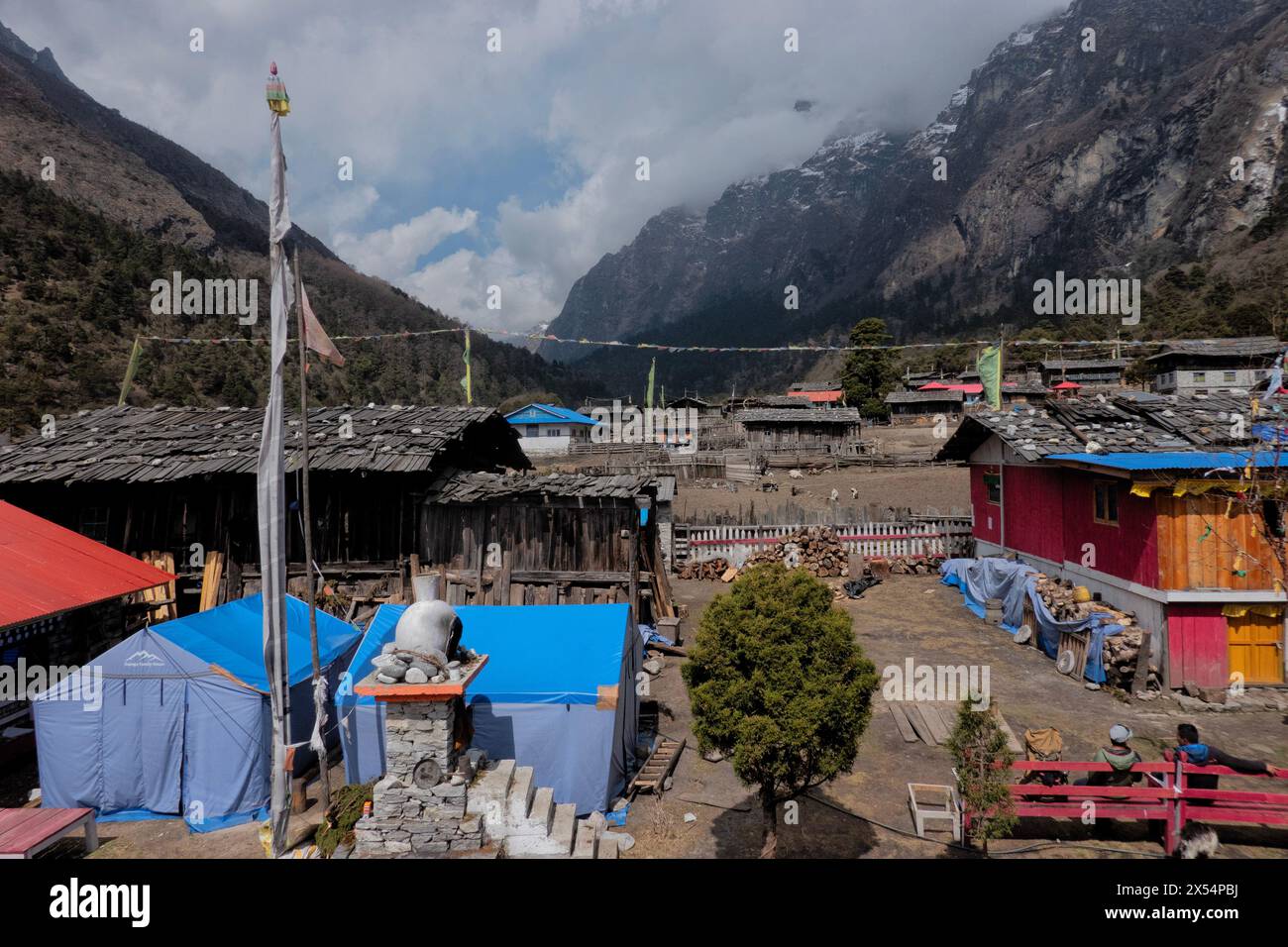 The traditional Tibetan village of Ghunsa on the Kangchenjunga ...