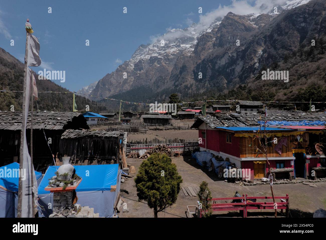 The traditional Tibetan village of Ghunsa on the Kangchenjunga ...