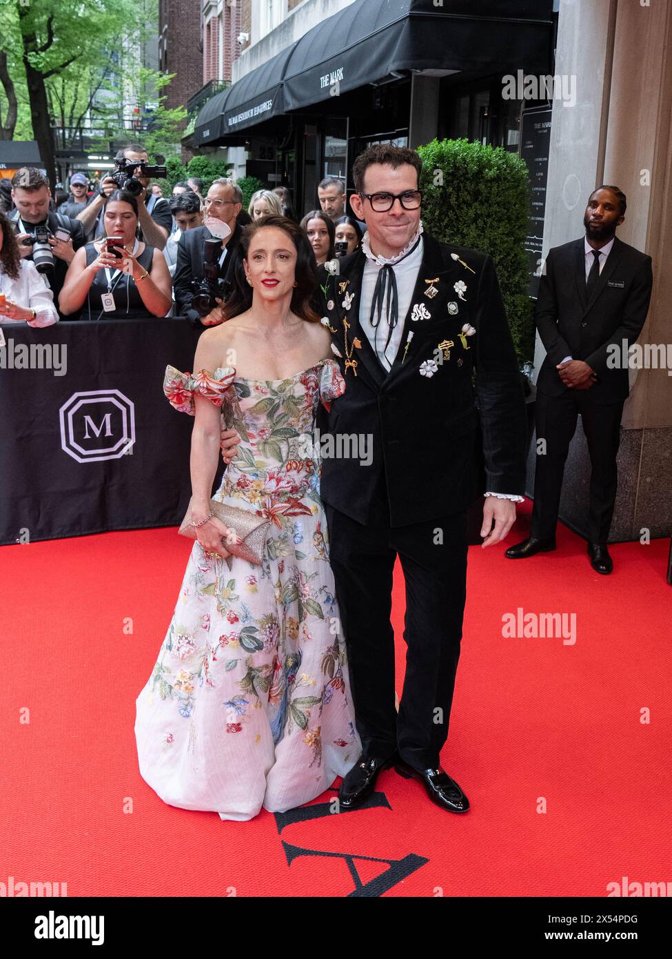 Monica Mosseri and Adam Mosseri departs The Mark Hotel for the 2024 Met ...