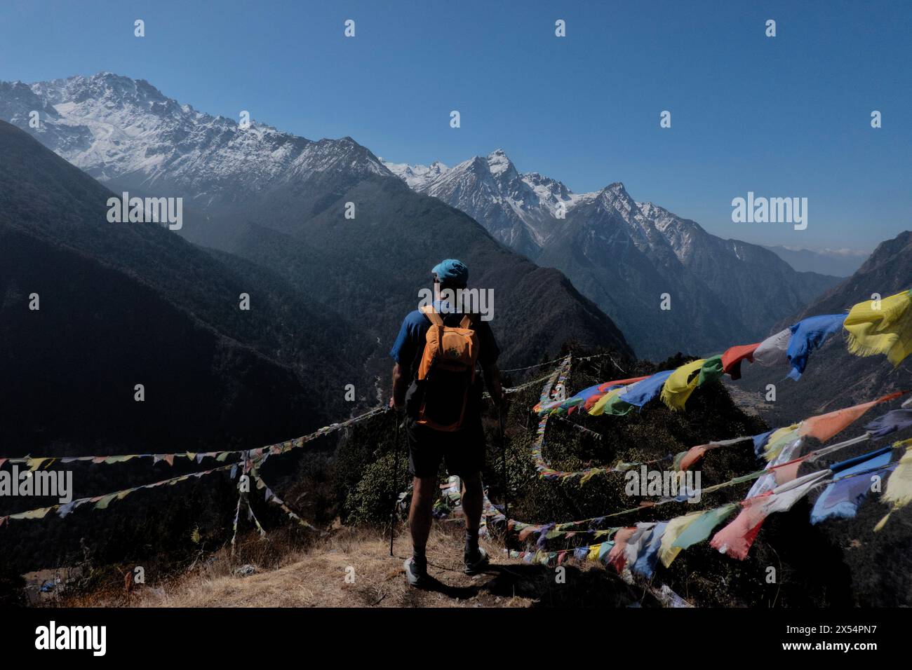 Prayer flags above the Tibetan village of Ghunsa on the Kangchenjunga ...