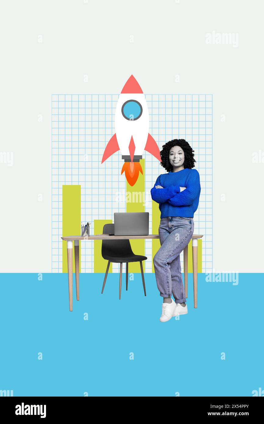 Vertical photo collage of happy american girl stand office workplace ...