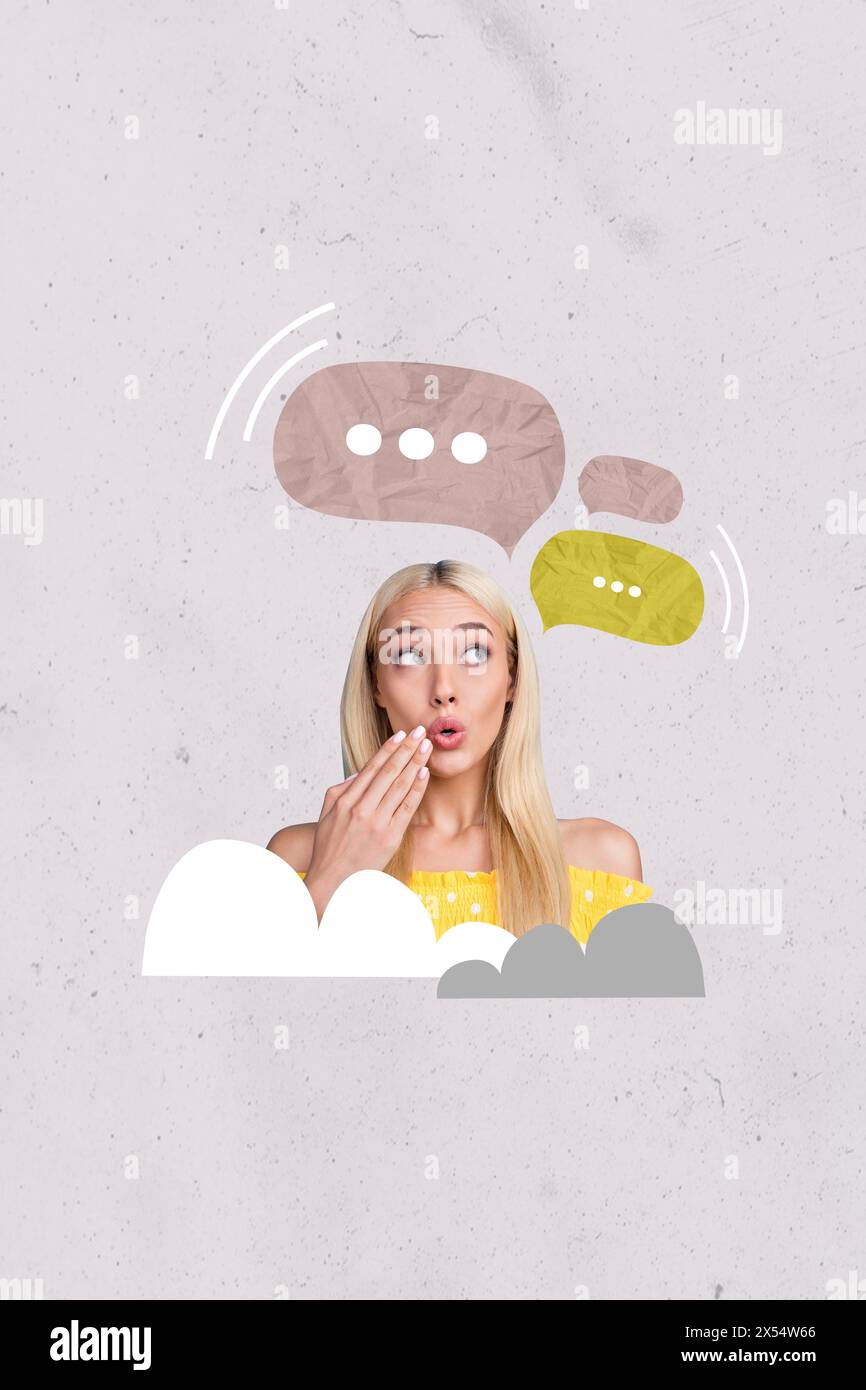 Vertical image collage of excited shocked blonde girl watch text box ...