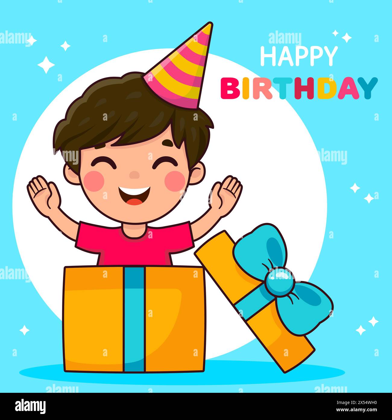 A laughing dark-haired boy sits in a gift box. Vector illustration ...