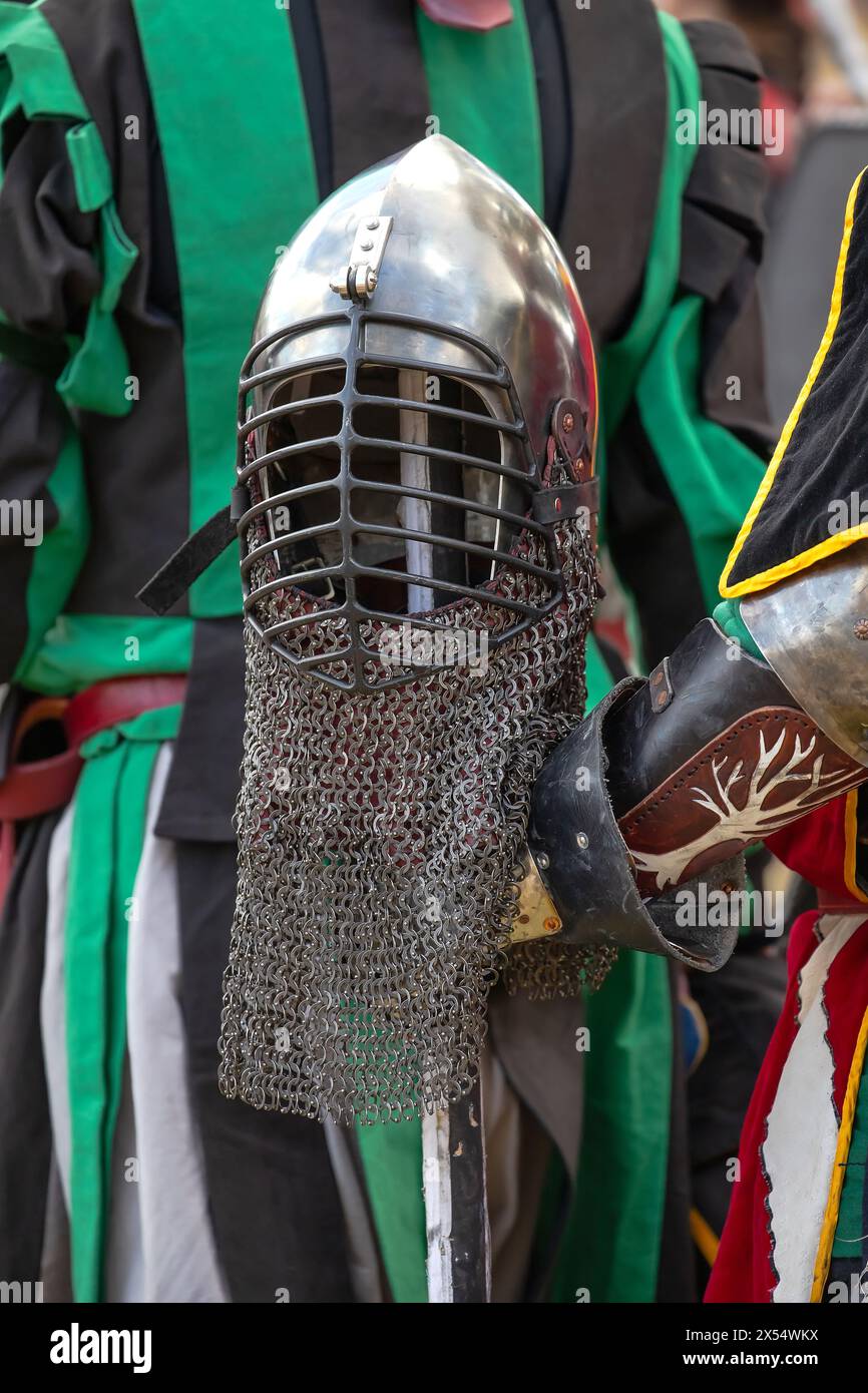 Elements of medieval iron knight armor for battle, helmet, spaulders ...