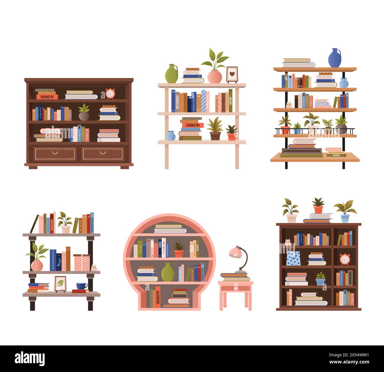 Bookcases, book cabinets, shelves with stacks of educational books ...