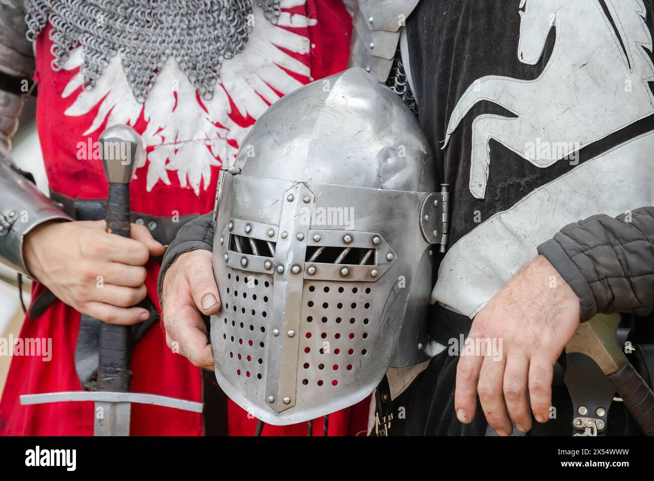 Elements of medieval iron knight armor for battle, helmet, spaulders ...