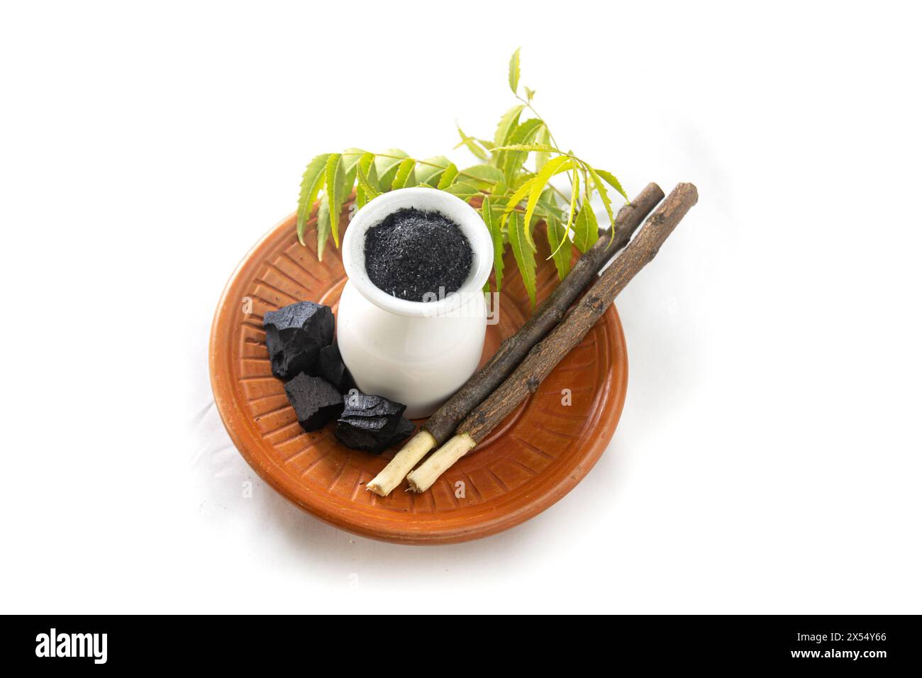 Neem Datun, black tooth powder with Neem leaves, Neem stick and roasted ...