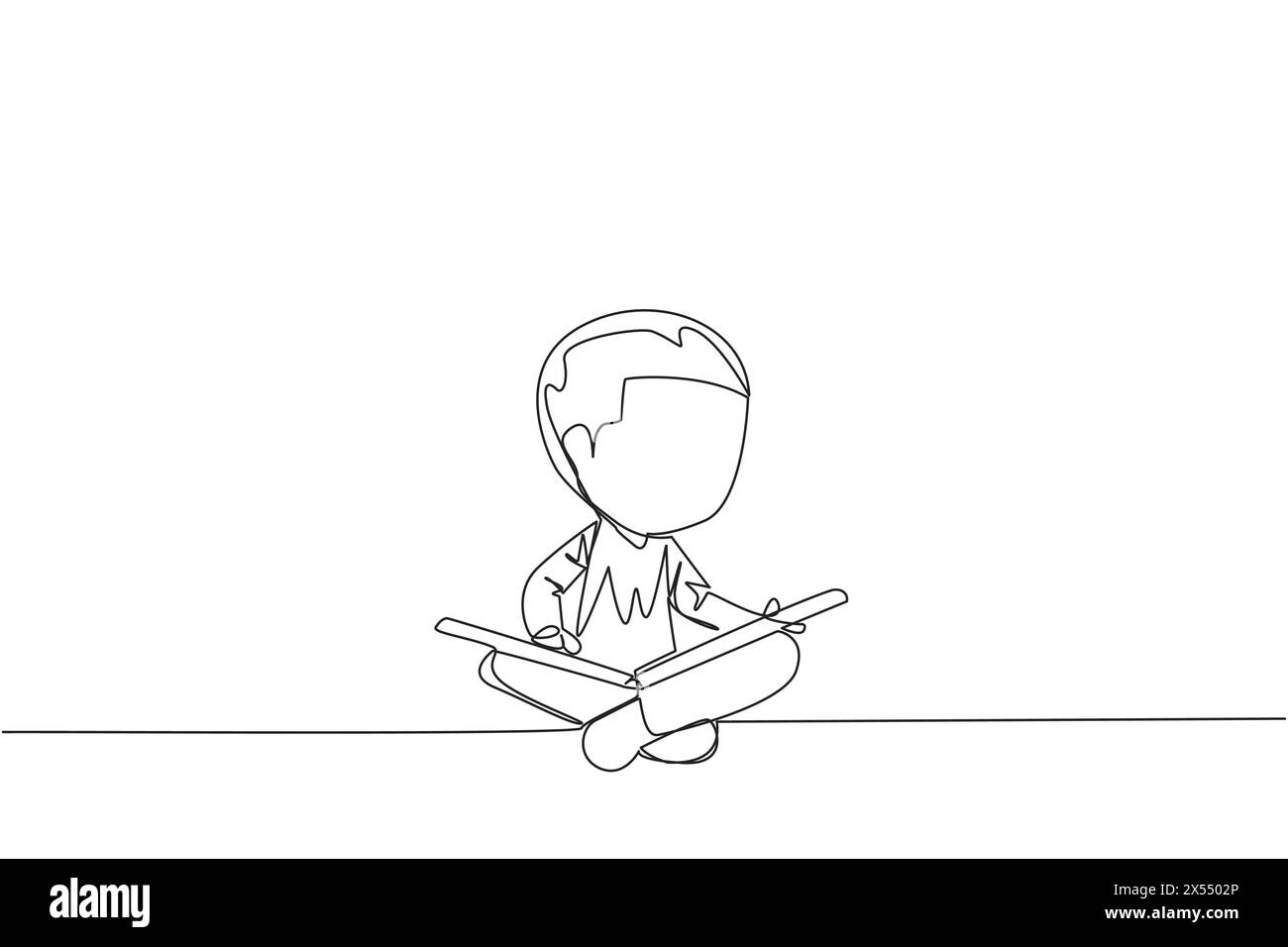Single continuous line drawing boy sit down and put reading book on ...