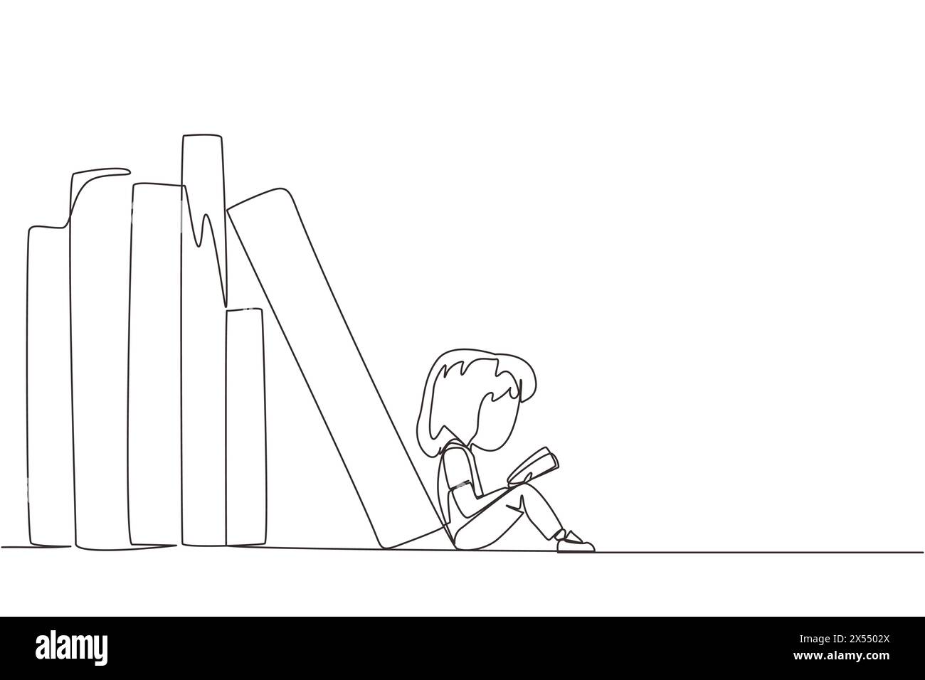 Continuous one line drawing girl reading sitting leaning against a pile ...