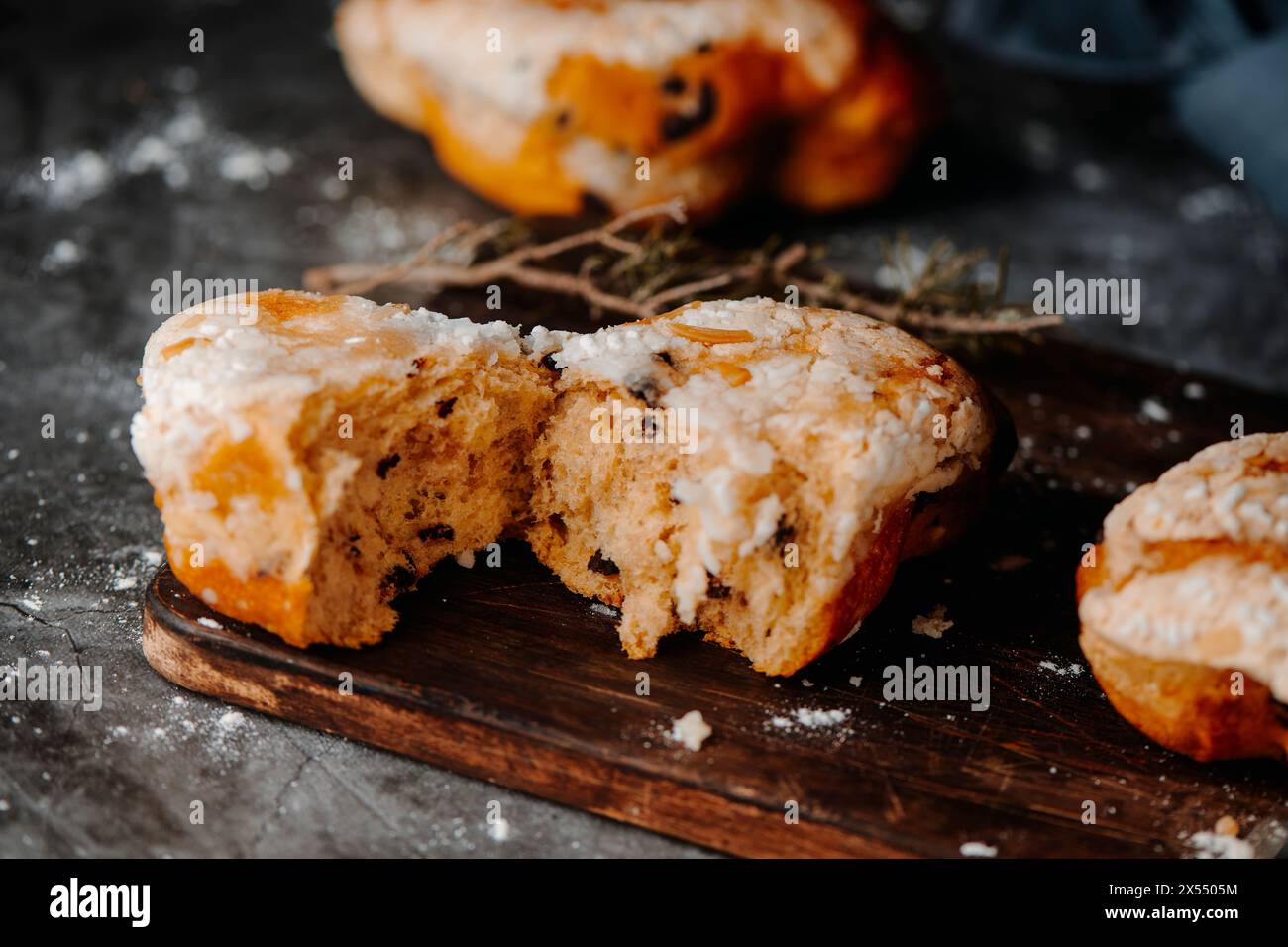 a colomba pasquale, a typical italian easter bread, split on half on a ...