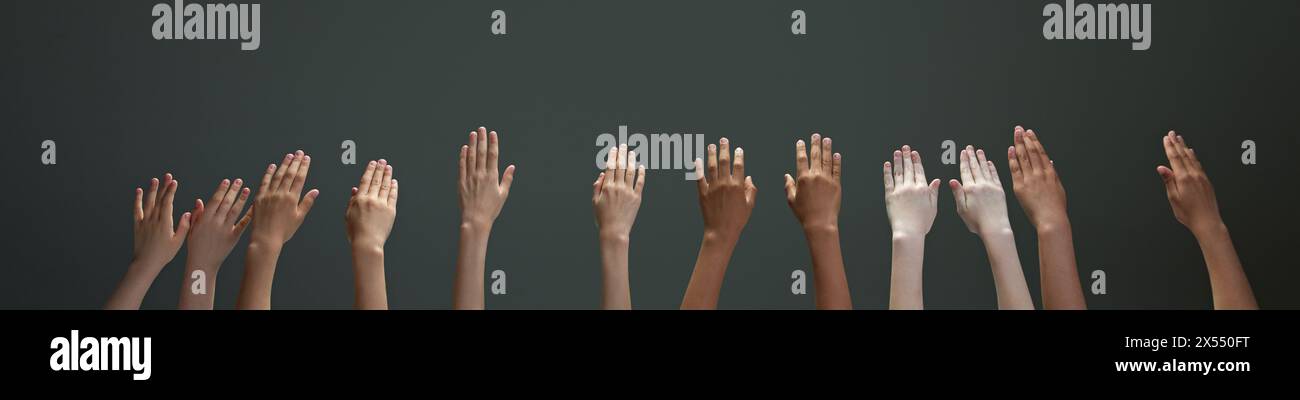 Many hands of diverse people, children raising their hands reaching up ...