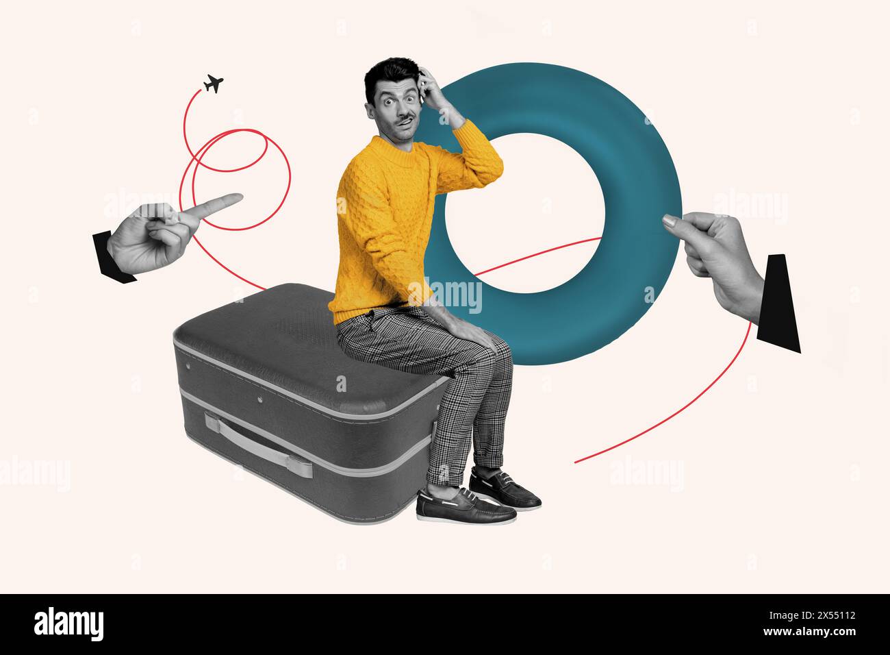 Composite photo collage of doubtful man sit suitcase hand point ...