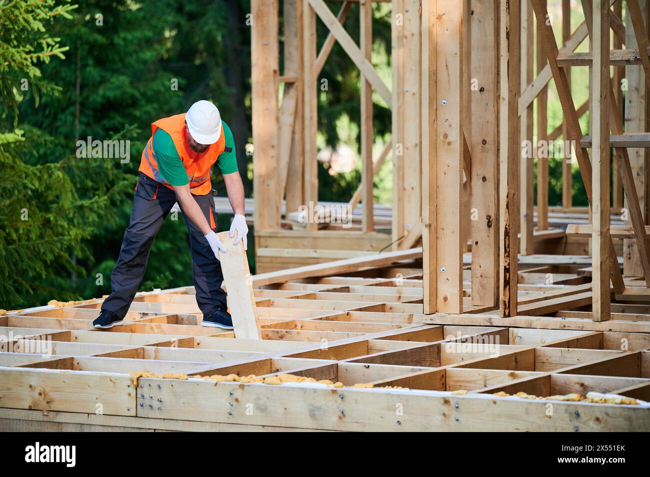 Carpenter building wooden-framed house near the forest. Man lifting ...