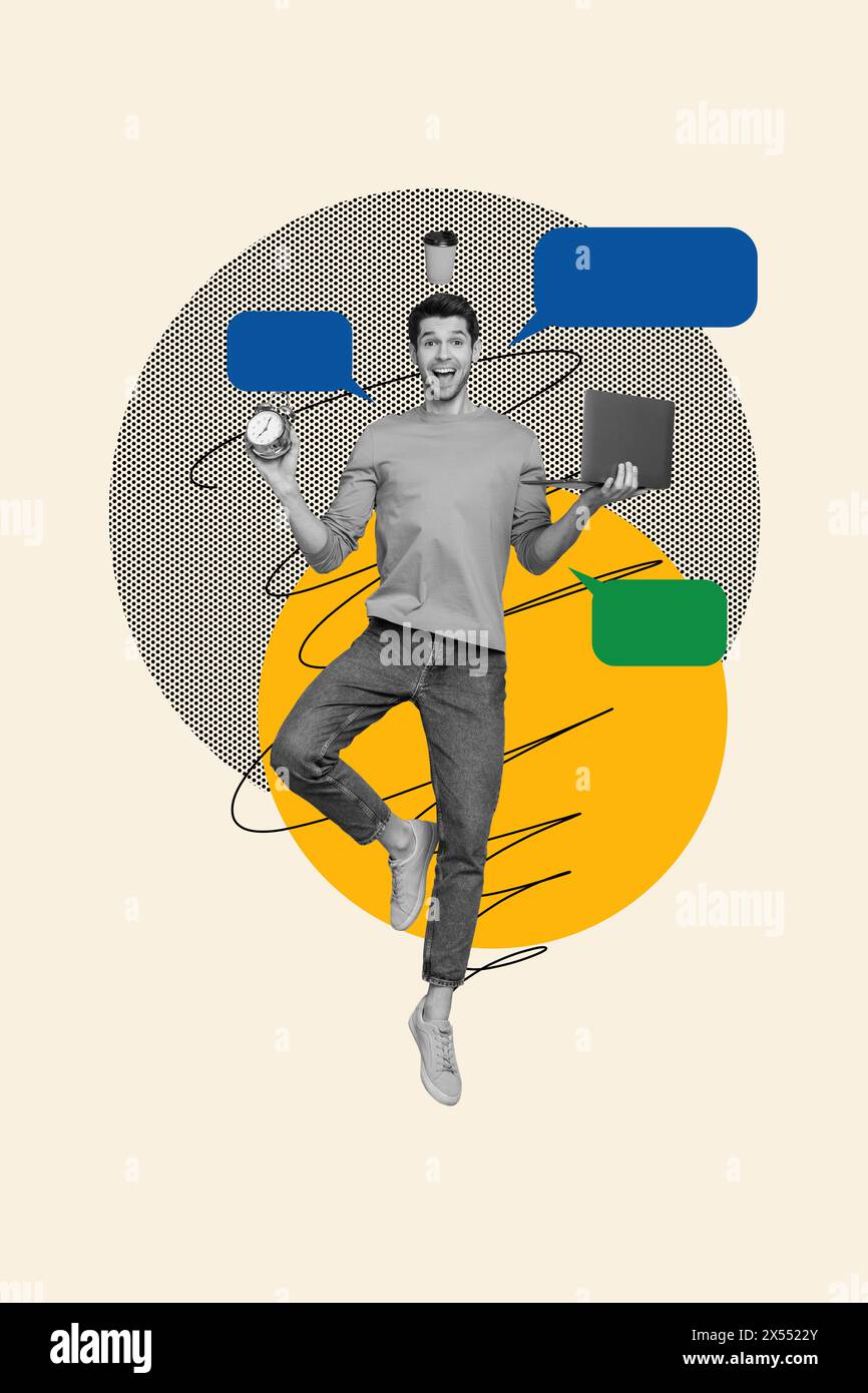 Vertical picture collage young cheerful man laptop alarm clock textbox ...
