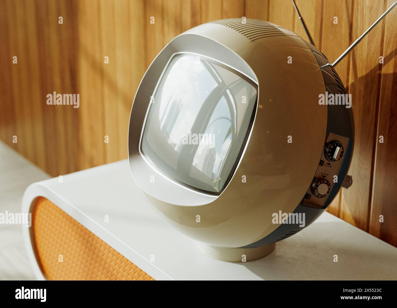 A sphere shaped vintage retro television from the futurism seventies on ...