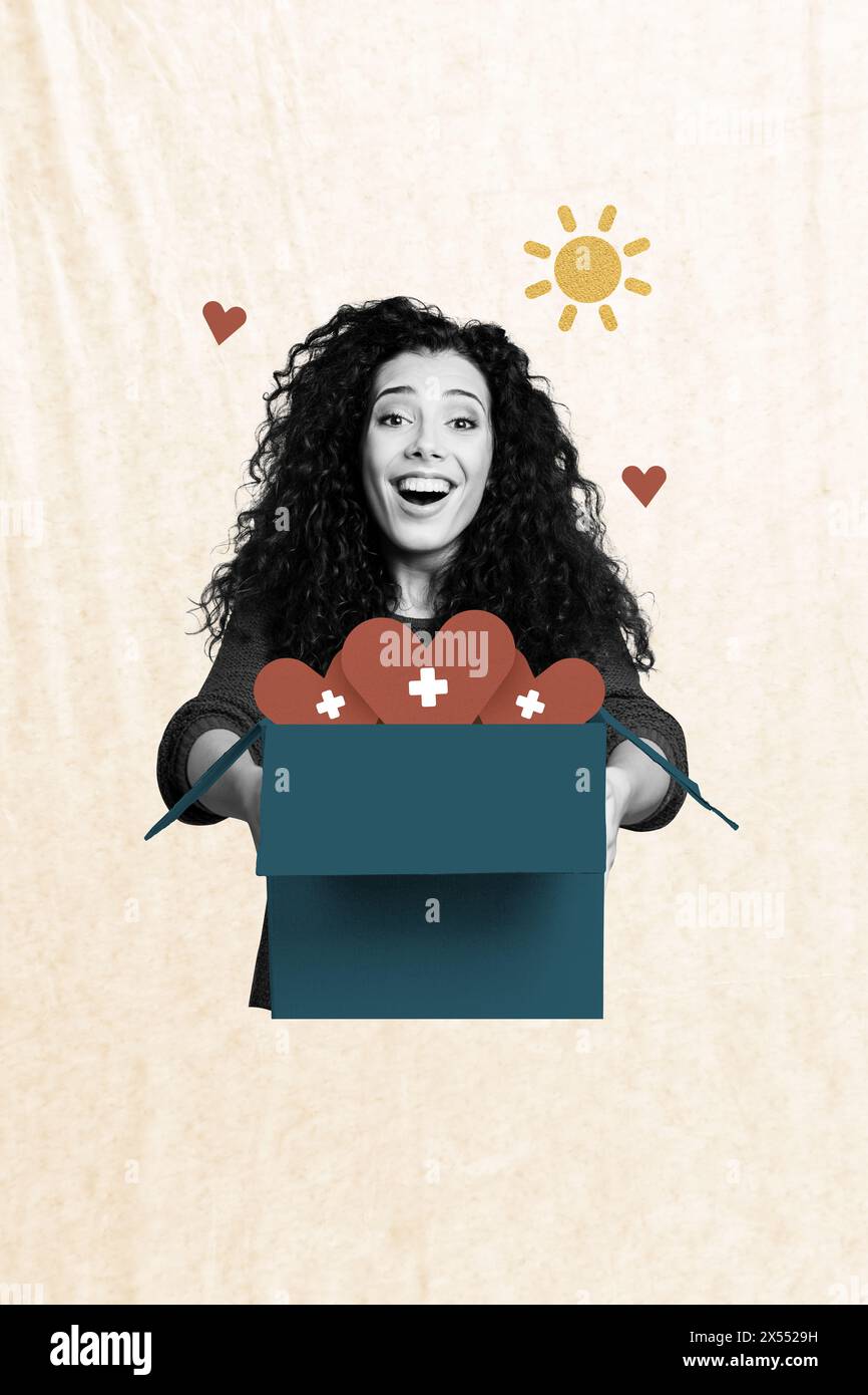 Composite collage of beige color background donation charity young lady ...