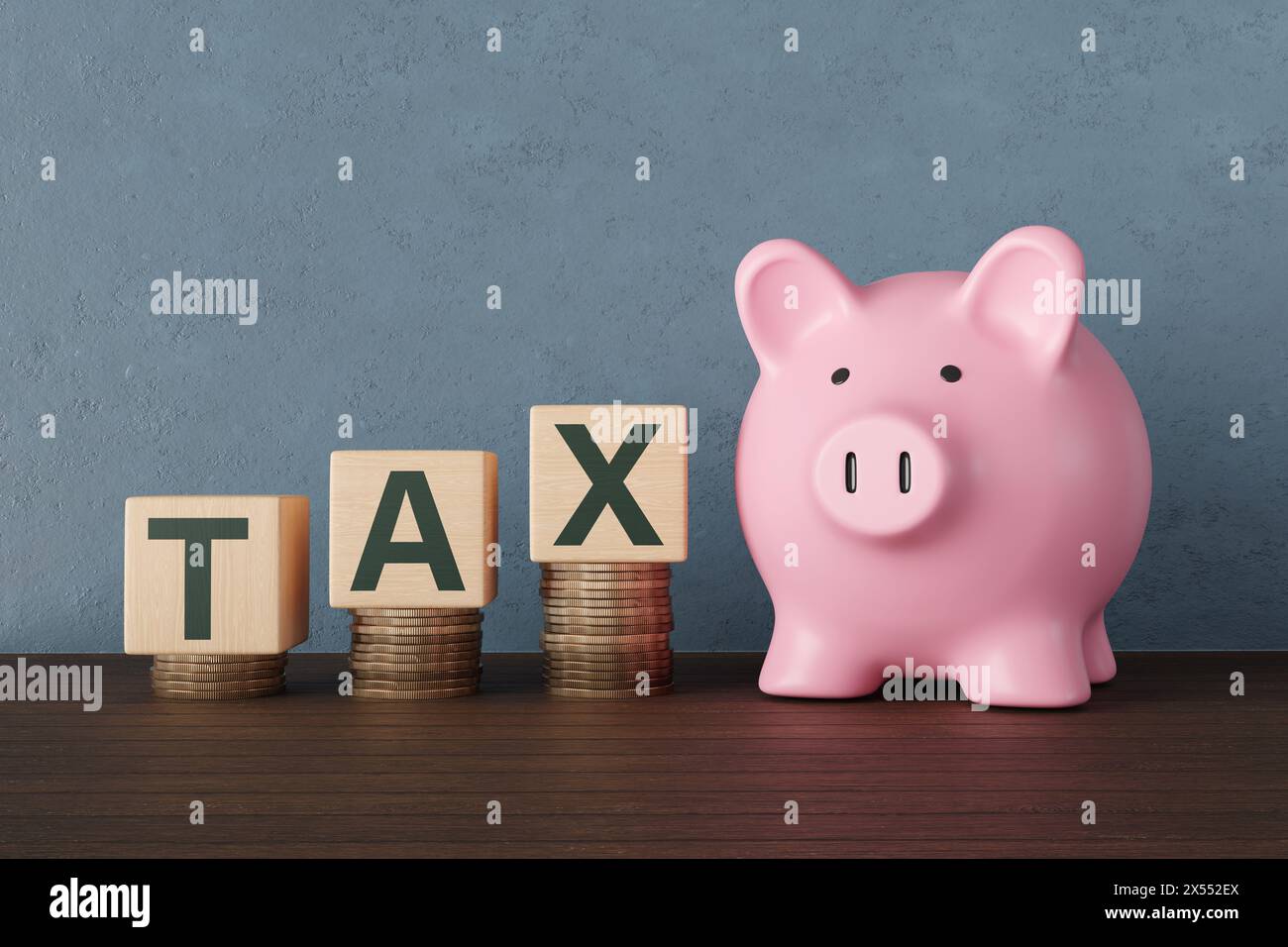 Pink piggy bank standing next to wooden toy blocks showing the word TAX ...