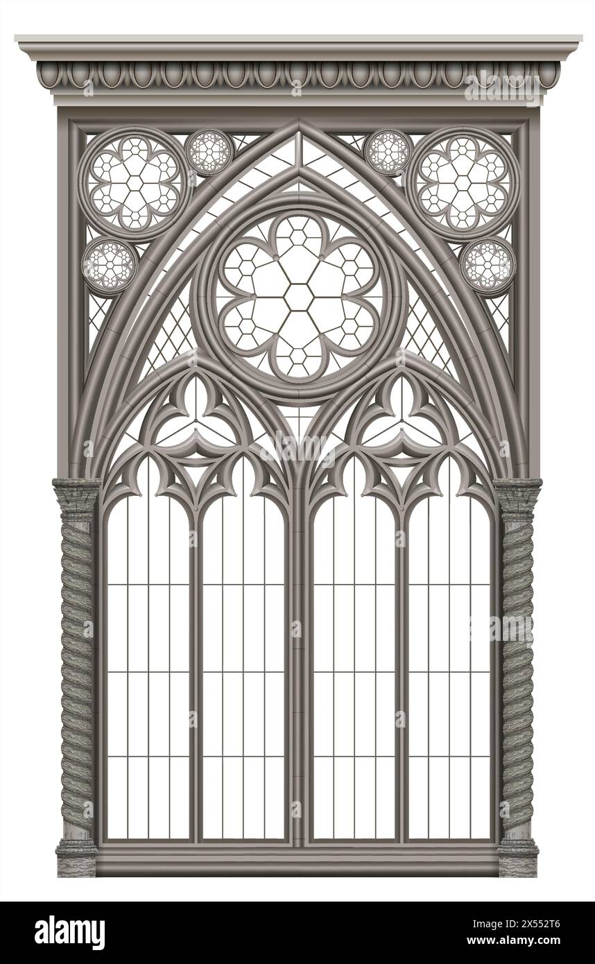 Realistic Gothic cathedral medieval stained glass window and stone arch ...