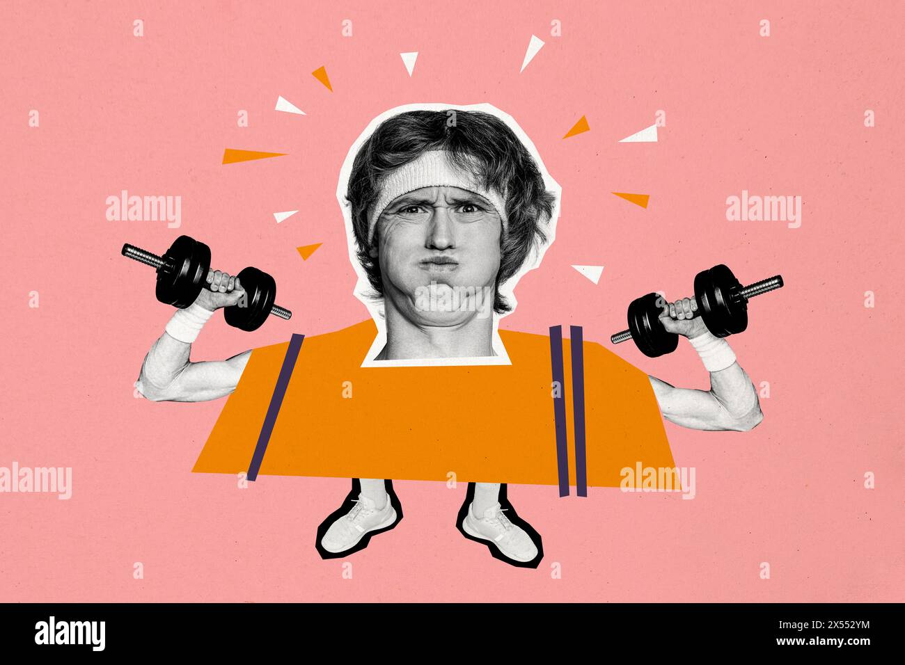 Composite photo collage of serious young sportsman pump biceps hold ...