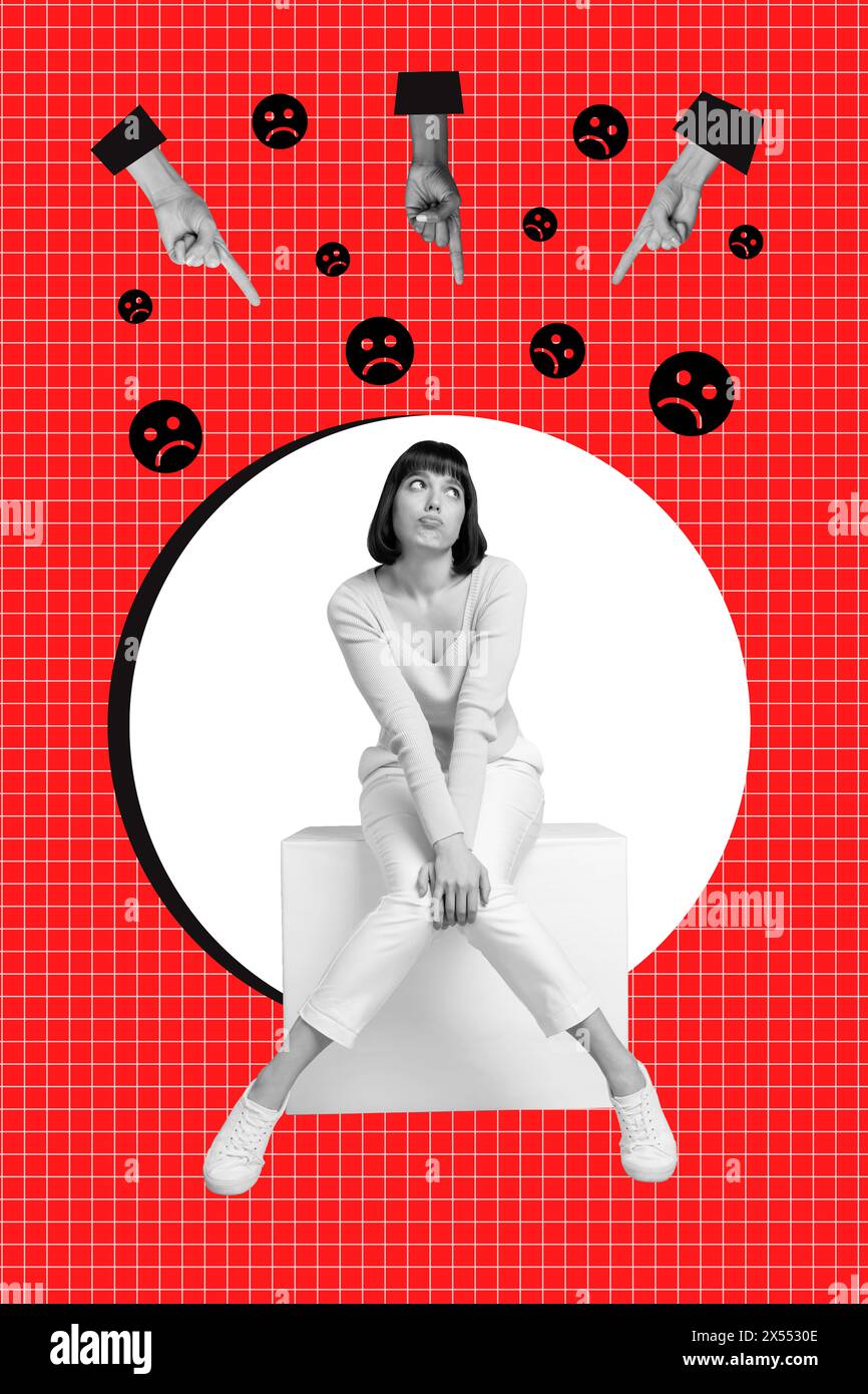 Vertical photo collage of upset girl sit alone hand insult point index ...