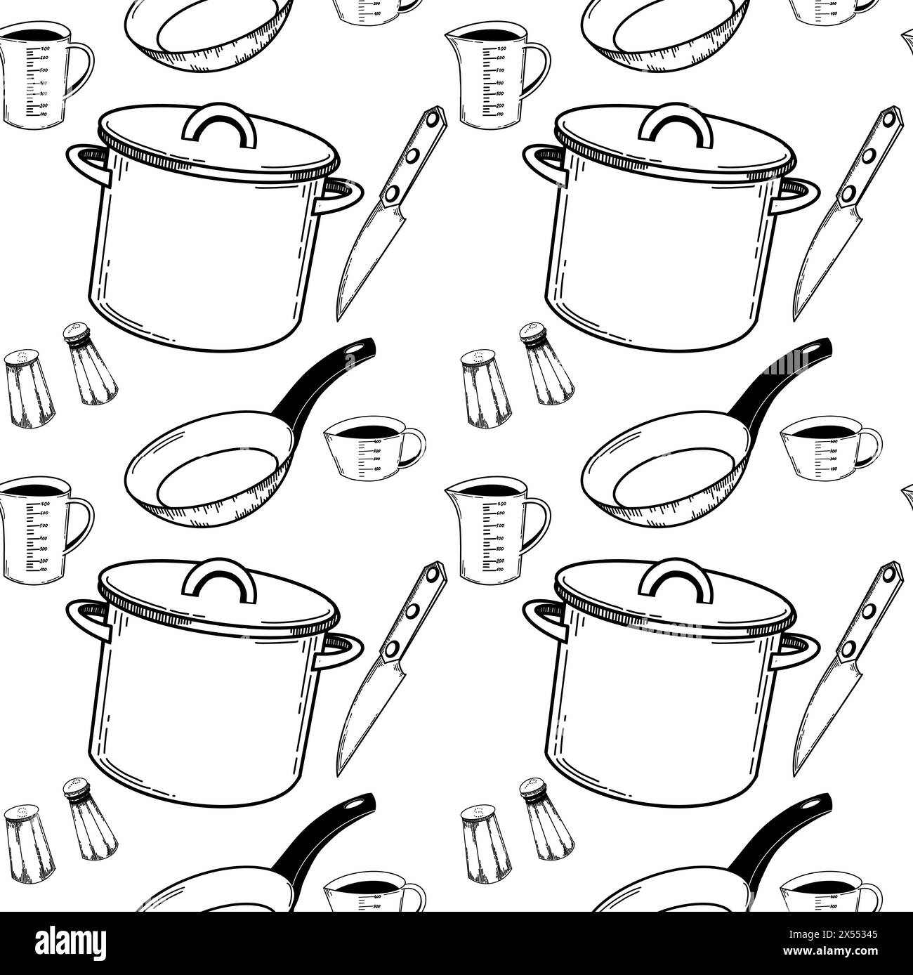 Seamless pattern with kitchen utensils. A saucepan, a frying pan with a ...