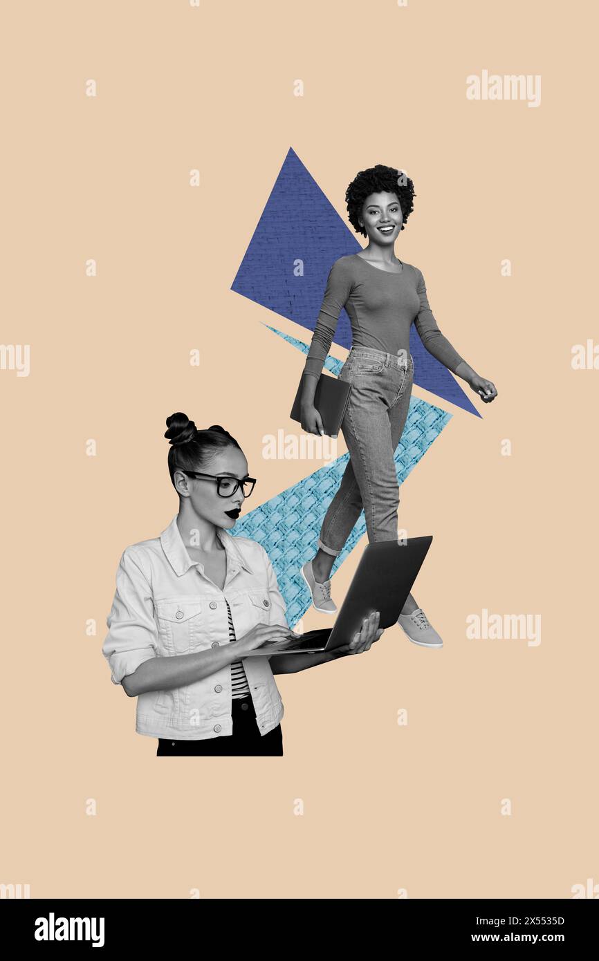 Vertical collage image young cheerful women colleagues confident walk ...