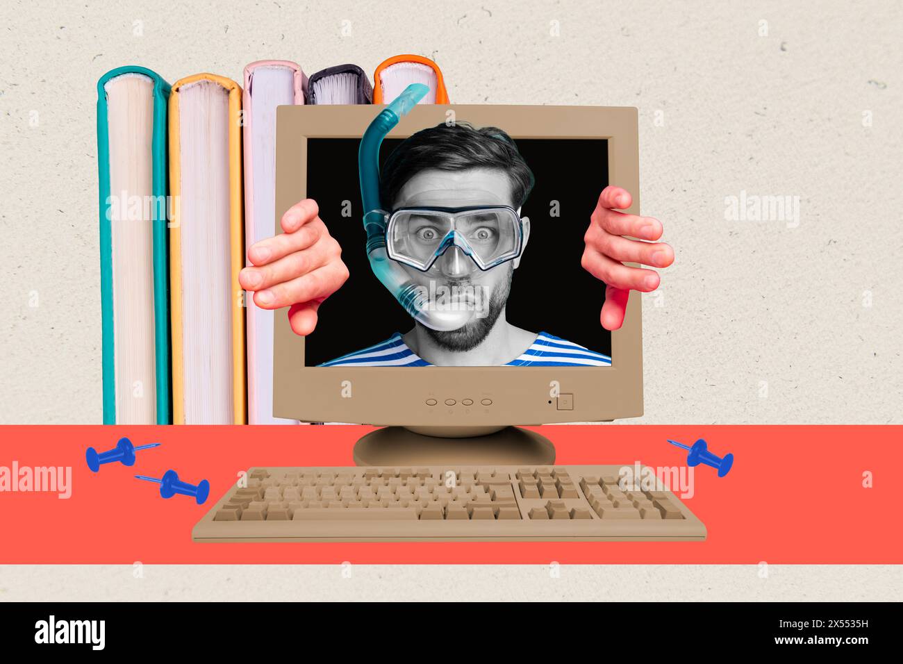 Composite photo collage of funny man wear swim equipment peek computer ...