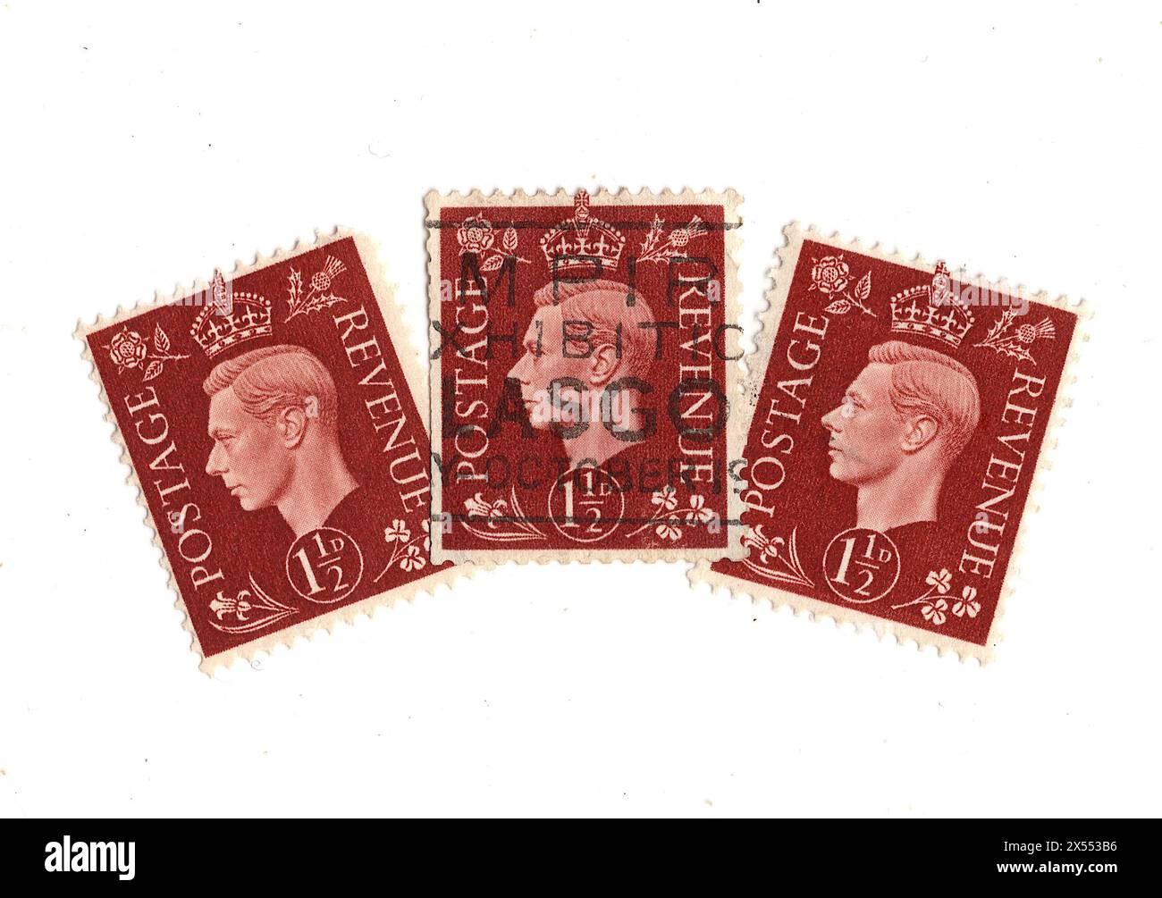 A montage of King George VI one and a half pence postage stamps from ...
